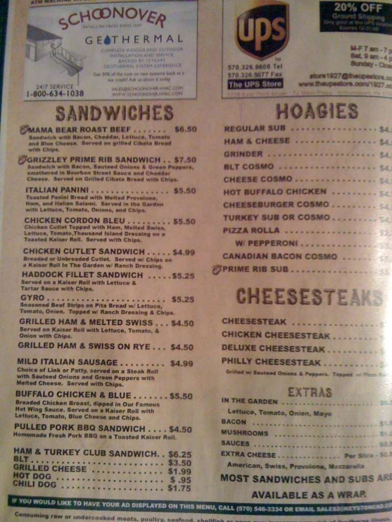 Menu at Crippled Bear pub & bar, Williamsport