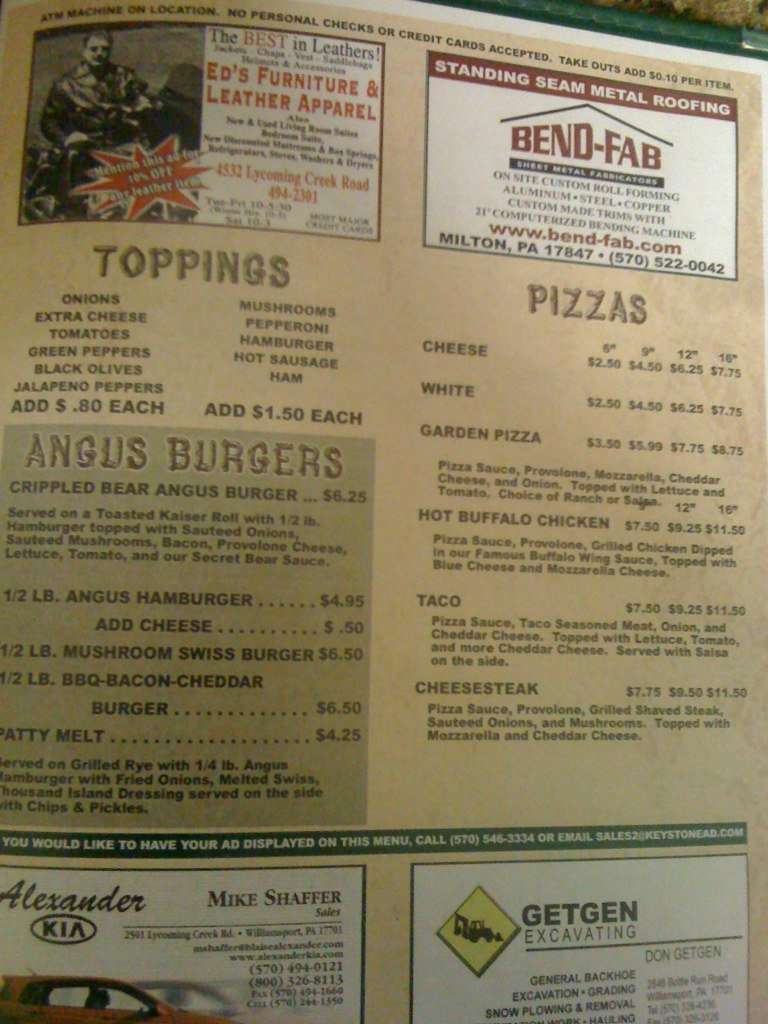 Menu at Crippled Bear pub & bar, Williamsport