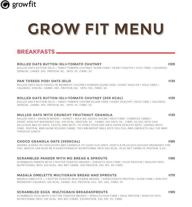 Menu of Grow Fit, Hennur, Bangalore