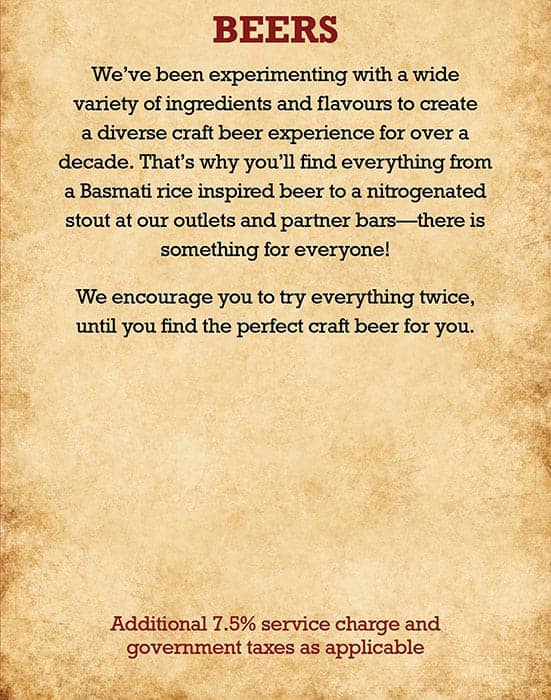 Menu of Toit, Kalyani Nagar, Pune