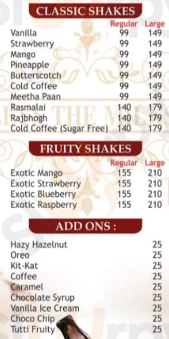 Menu at The Original Milkshake & Food, Agra
