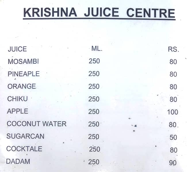 Menu of Krishna Juice Centre, Naranpura, Ahmedabad