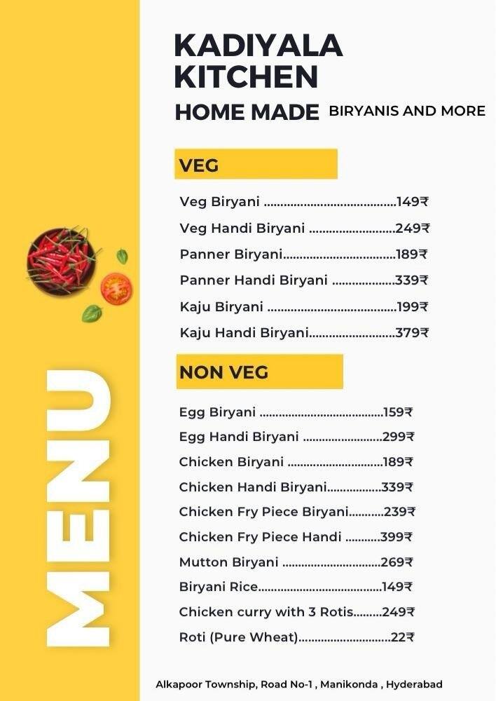 Menu of Kadiyala Kitchen, Manikonda, Hyderabad