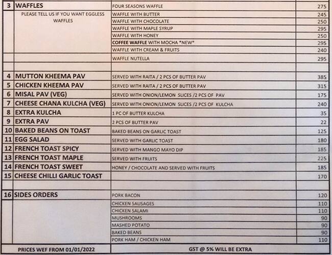 Menu at The Breakfast Story, Nagpur