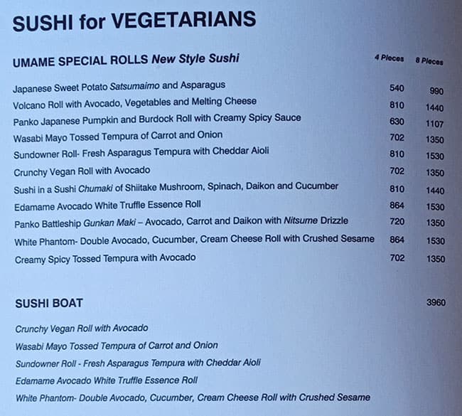 Menu of Umame, Churchgate, Mumbai