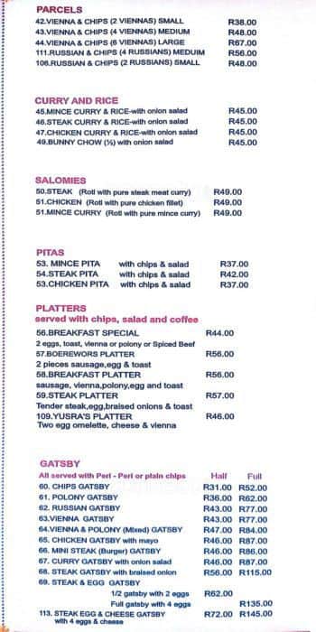 Menu at Yusra's Kitchen restaurant, Cape Town