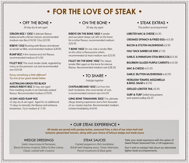 Menu at Miller & Carter - The Mailbox steakhouse, Birmingham, Mailbox