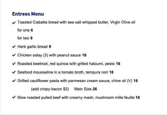 Menu at Aqua restaurant, Wellington