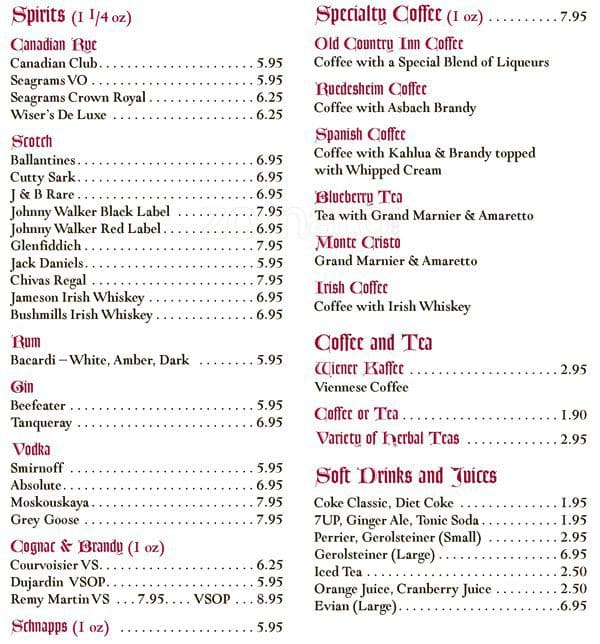 Menu at Old Country Inn restaurant, Markham