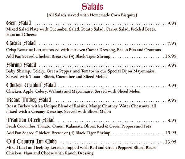 Menu at Old Country Inn restaurant, Markham