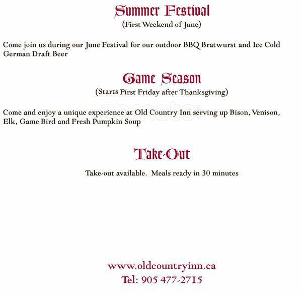 Menu at Old Country Inn restaurant, Markham