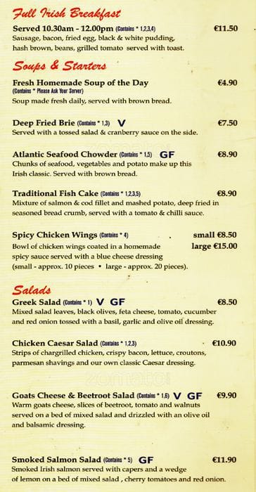 Menu at The Brazen Head pub & bar, Dublin