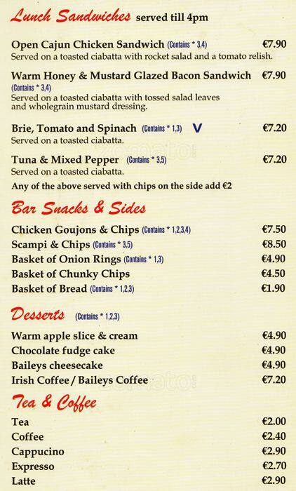 Menu at The Brazen Head pub & bar, Dublin