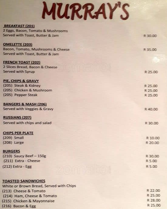 Menu at Murray's Pub & Grub, George