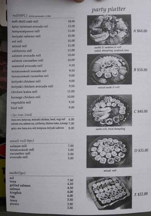 Menu at Pinocchio Sushi restaurant, Kingsford