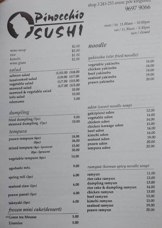Menu at Pinocchio Sushi restaurant, Kingsford