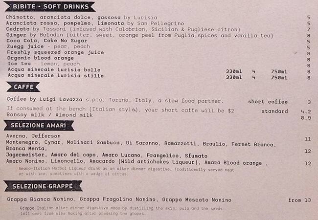 Menu at DOC Espresso cafe, Carlton, 326 Lygon St