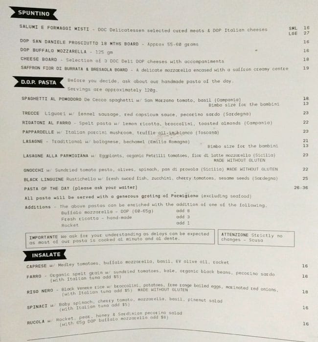 Menu at DOC Espresso restaurant, Carlton