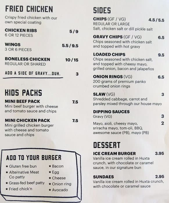 Menu at Huxtaburger restaurant, Collingwood, 106 Smith St