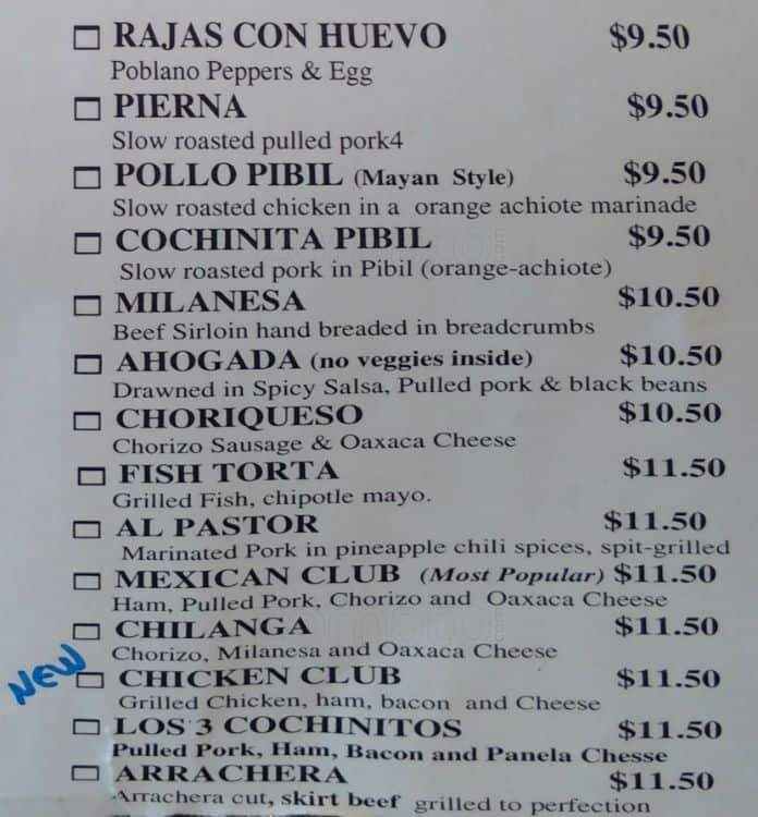 Menu at Las Tortas Mexican Gourmet Sandwiches restaurant, Vancouver