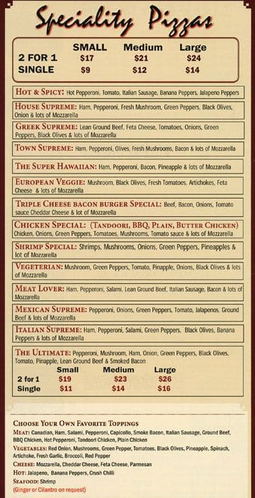 Menu at Pizza Town & Indian Grill restaurant, Coquitlam