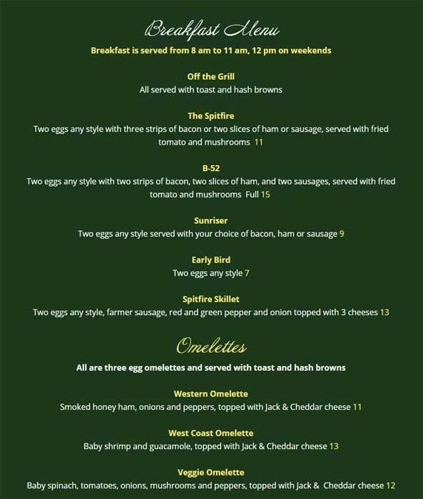 Menu at Spitfire Grill restaurant, Sidney