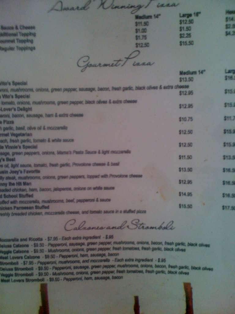 Menu at Papa Vito's pizzeria, Cape Canaveral