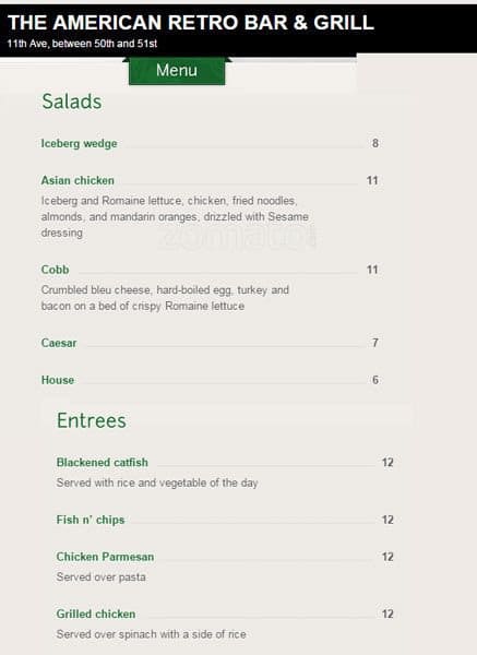 Menu at American Retro pub & bar, New York City