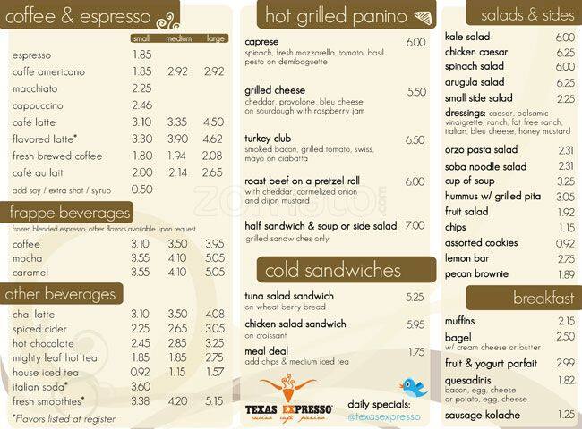 Menu at Texas Expresso cafe, Austin, San Jacinto Blvd