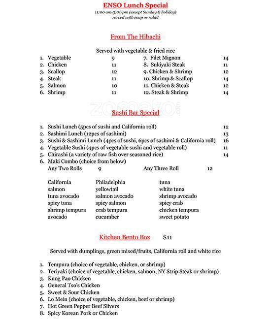 Menu at Enso restaurant, Pittsfield, South St