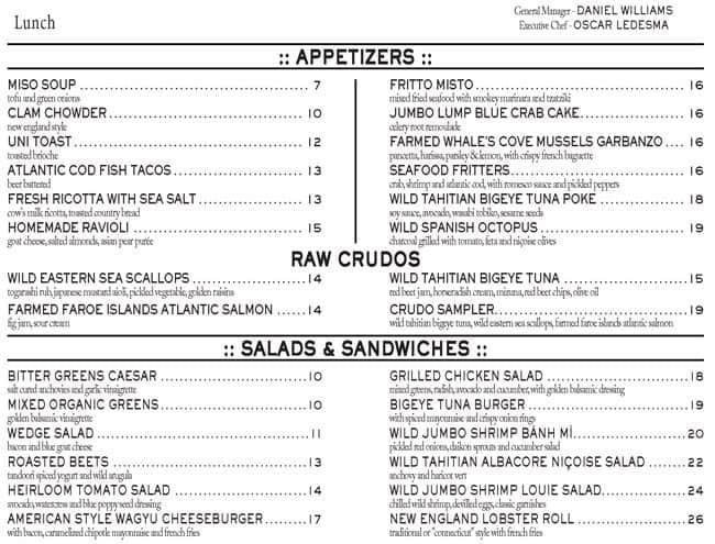 Menu at Water Grill restaurant, Costa Mesa