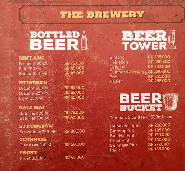 Menu at After Five Beer and Steak steakhouse, Jakarta