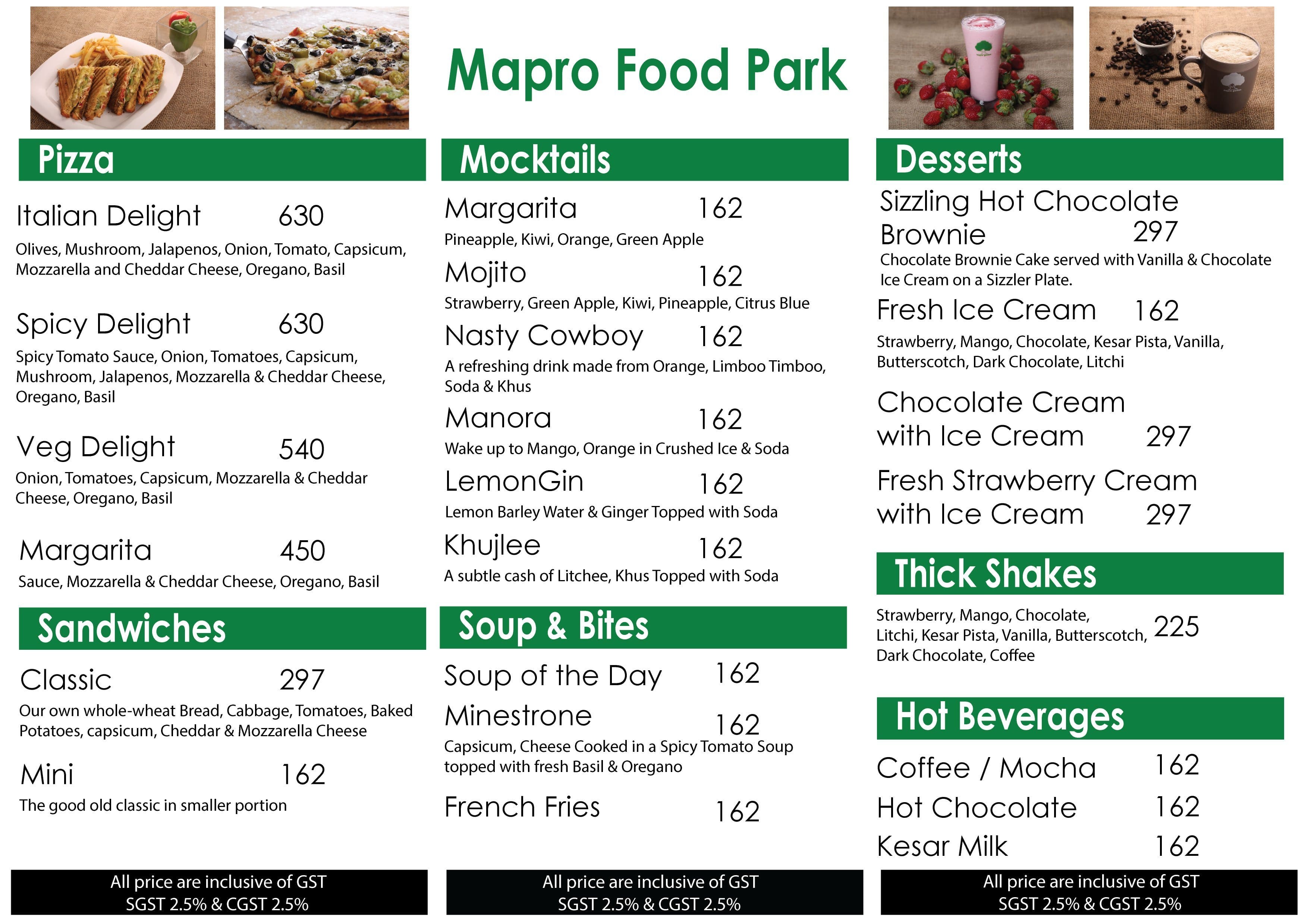 Menu of Mapro Garden, Lonavala, Pune