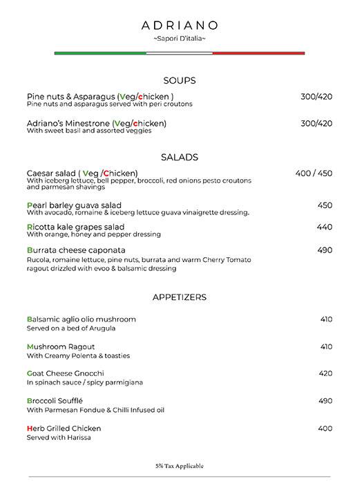 Menu of Adriano, Andheri Lokhandwala, Andheri West, Mumbai