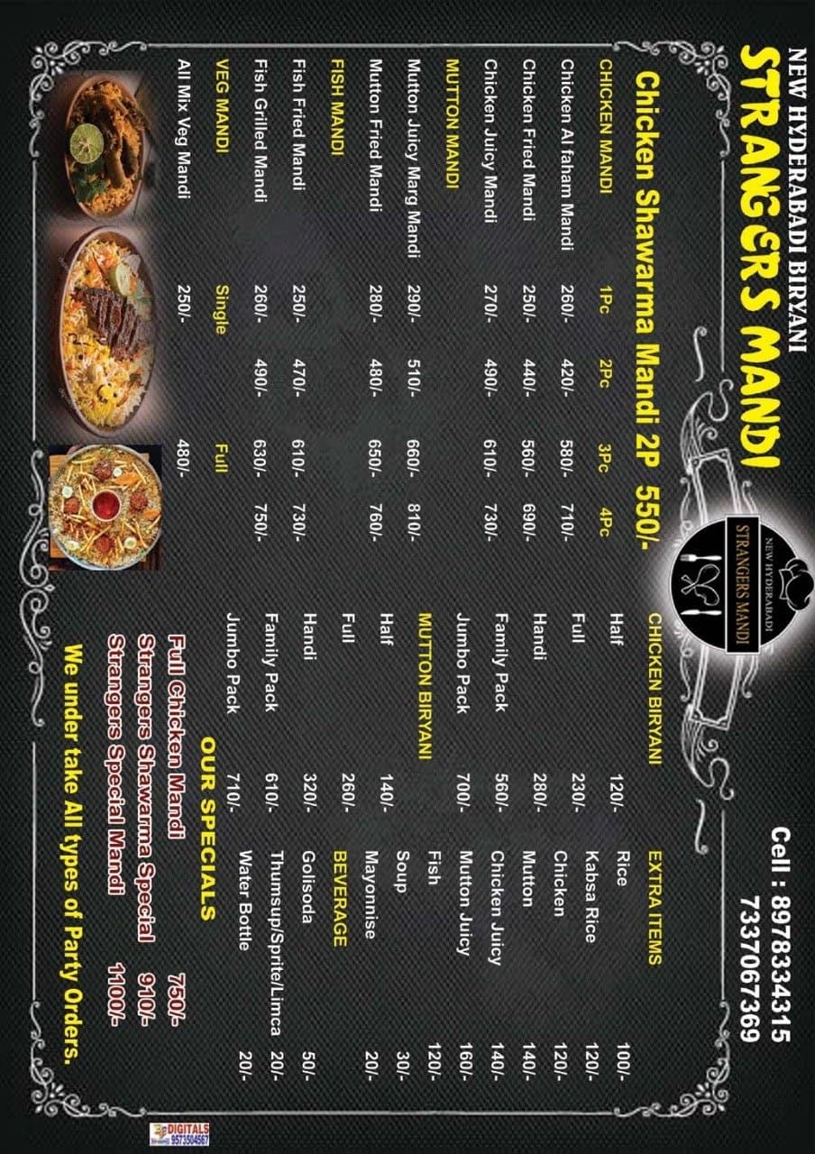 Menu of Strangers Mandi & Biryani, Jeedimetla, Hyderabad