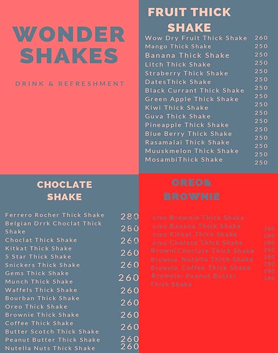 Menu of Wonder Shakes, Madhapur, Hyderabad