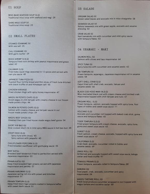 Menu of Origami Sushi, Al Bateen, Abu Dhabi
