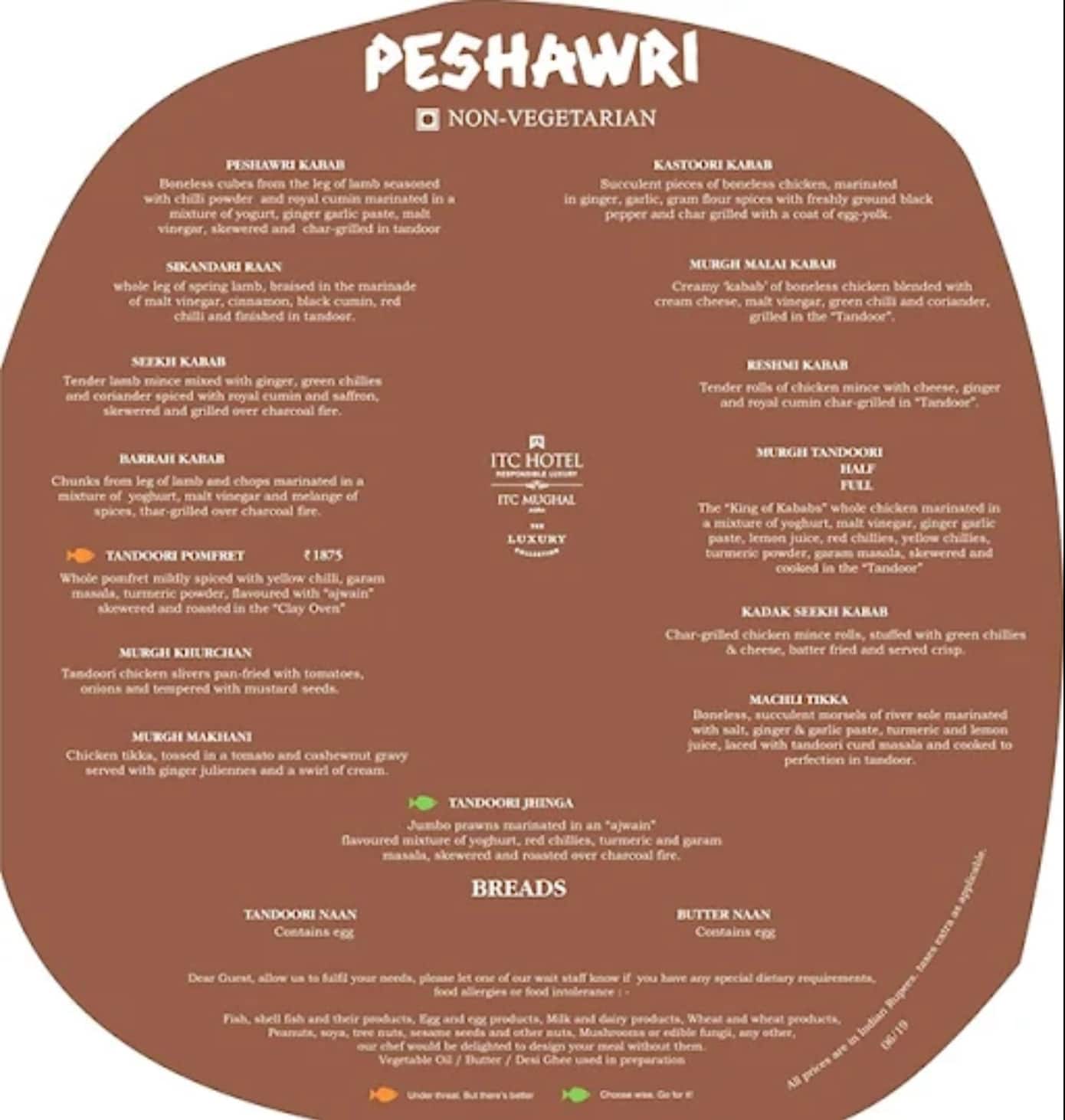 Menu of Peshawri - ITC Mughal, Tajganj, Agra