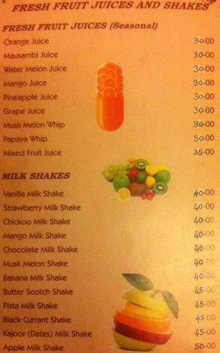 Menu at Sixth Main, Mysuru