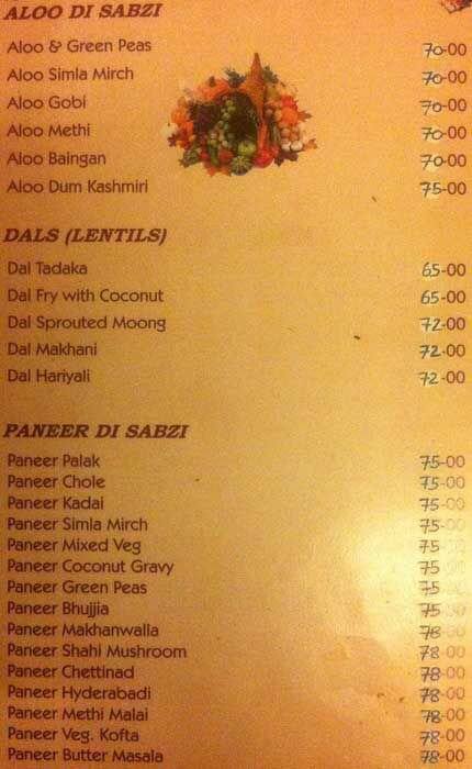 Menu at Sixth Main, Mysuru