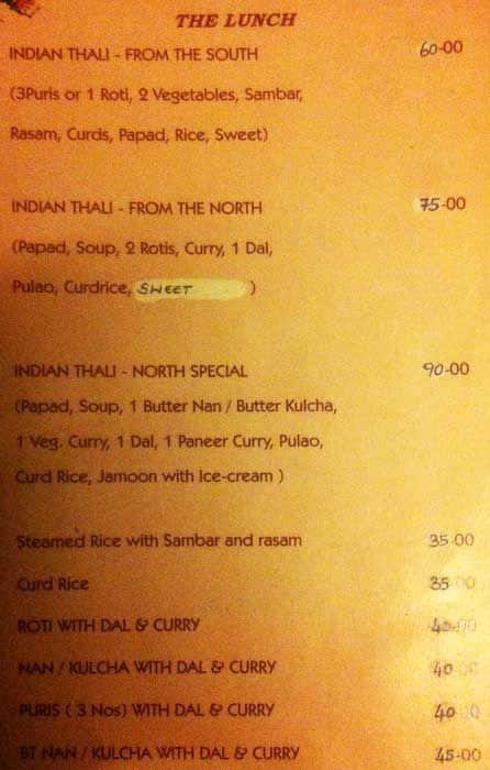 Menu at Sixth Main, Mysuru