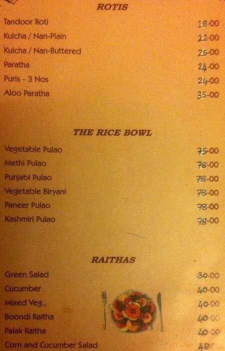 Menu at Sixth Main, Mysuru