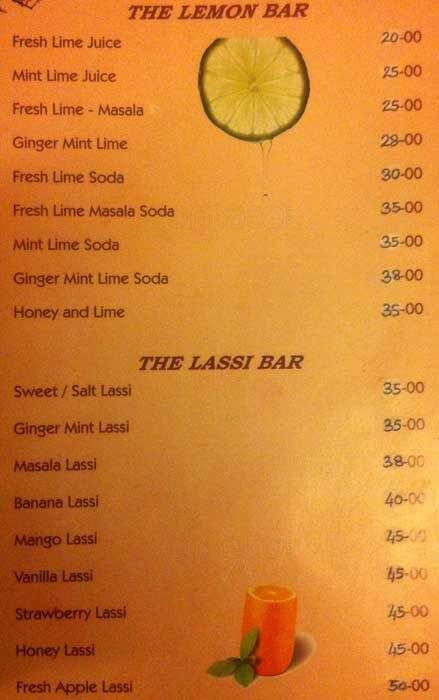 Menu at Sixth Main, Mysuru