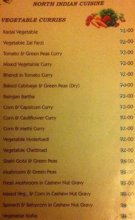 Menu at Sixth Main, Mysuru