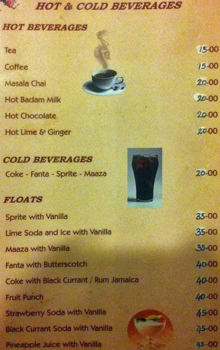 Menu at Sixth Main, Mysuru