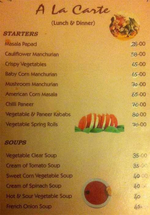 Menu at Sixth Main, Mysuru