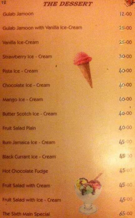 Menu at Sixth Main, Mysuru