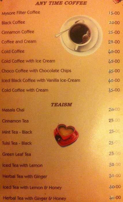 Menu at Sixth Main, Mysuru