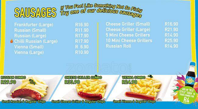 Menu at Alpha Fish and Chips restaurant, Johannesburg