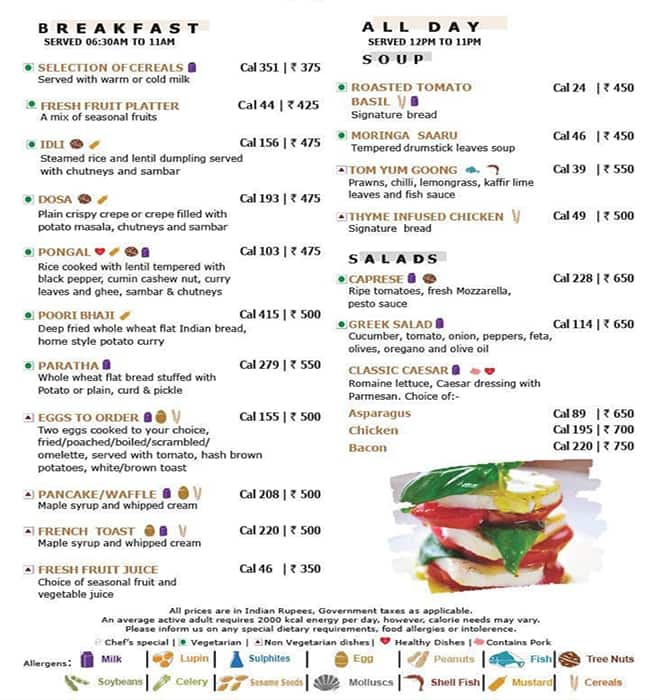 Menu of Vasco's - Hilton Chennai, Guindy, Chennai